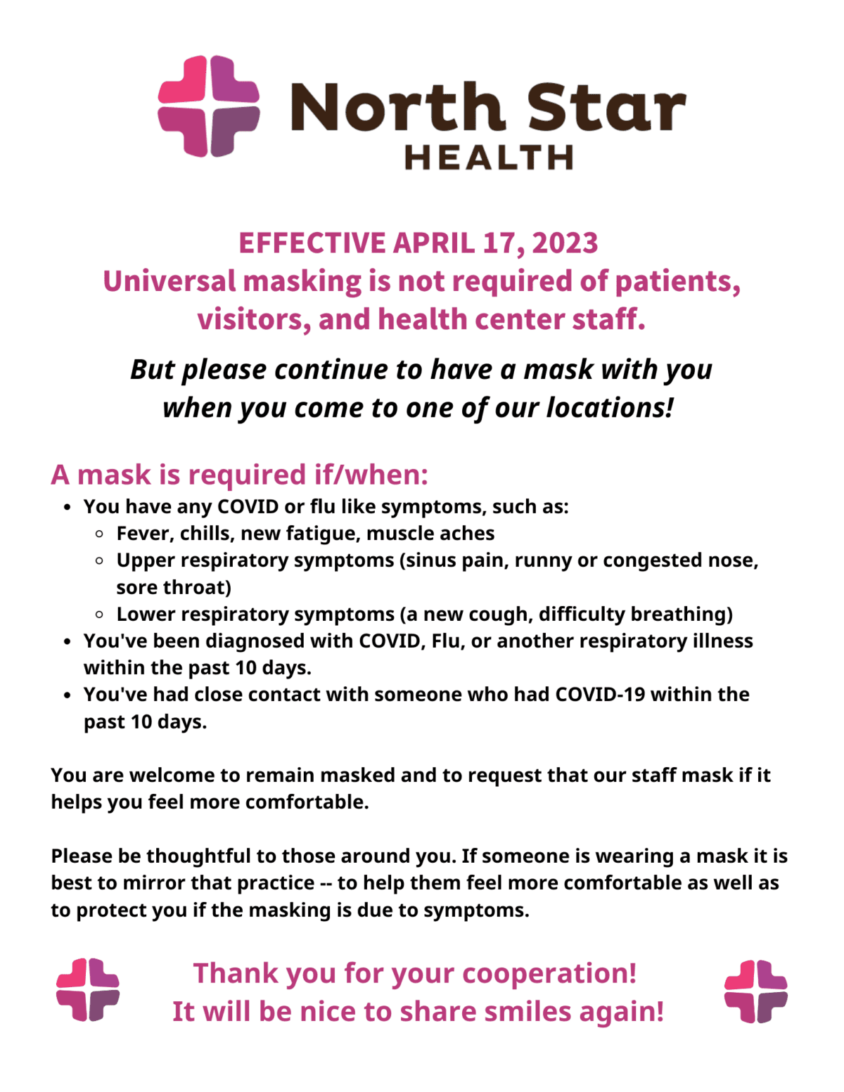 Universal Masking Requirement Lifted at North Star Health Centers ...